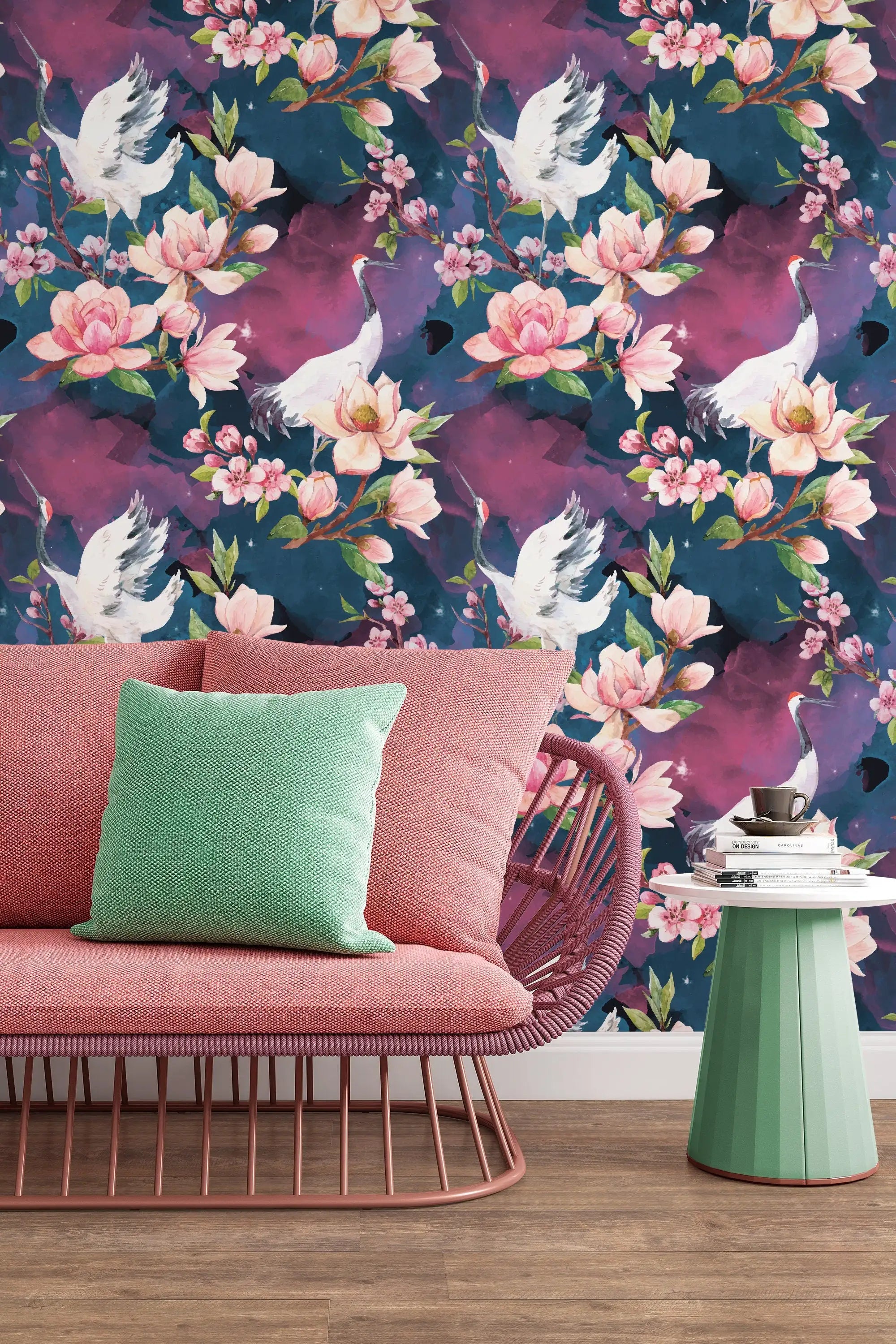 Crane Bird With Pink Flowers on a Background of Purple and Dark Coral ...