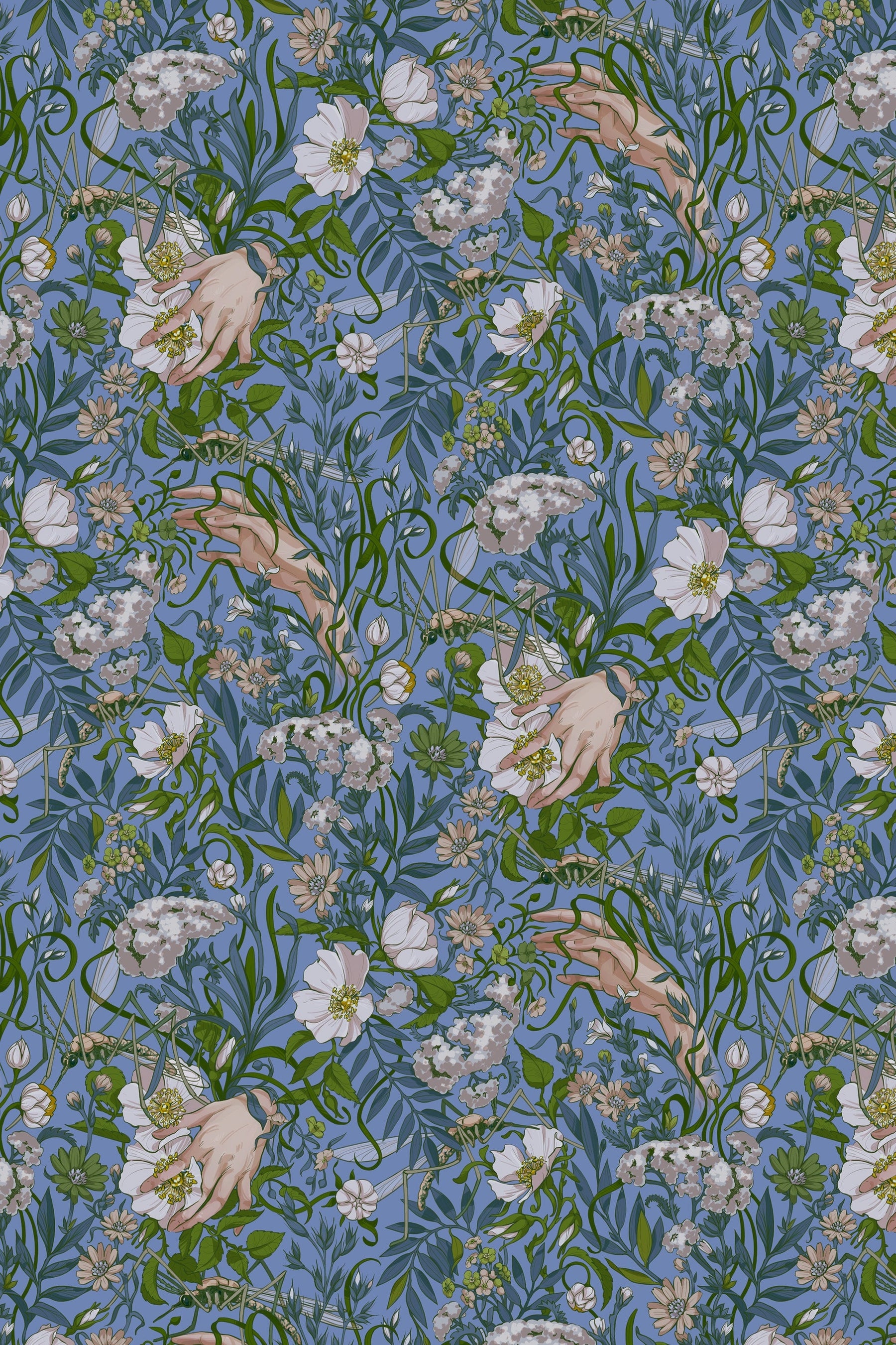 Hand Palm and Flowers on Blue Wallpaper #3439 – California Wallpaper